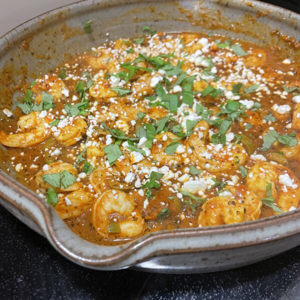 Sautéed Shrimp with Matbucha & Feta - Clay Coyote
